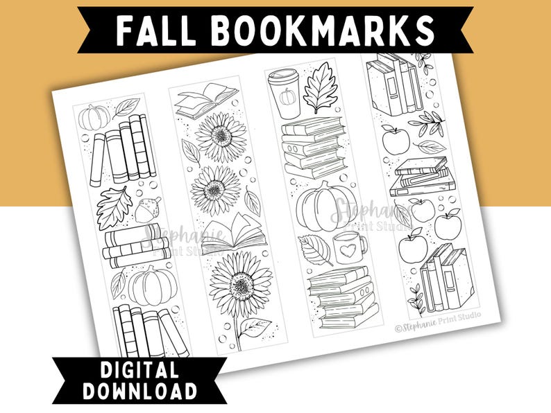 4 Fall Theme Coloring Bookmarks Printable | DIGITAL INSTANT DOWNLOAD ...