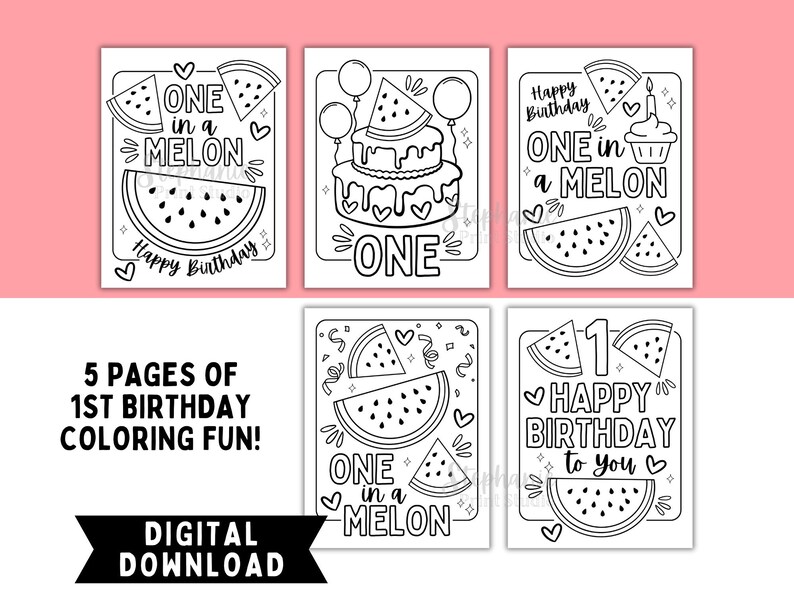One in A Melon Theme 1st Birthday Coloring Pages Printable | DIGITAL ...