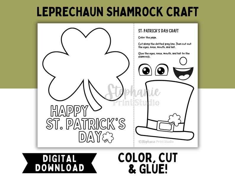 Color, Cut & Glue Craft Printable, Simple Leprechaun Shamrock, Cute St ...