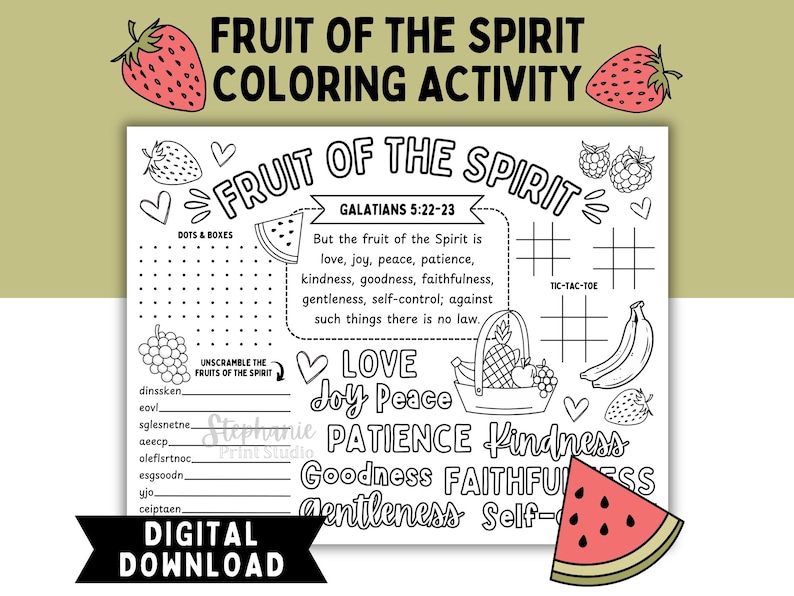 Fruit of the Spirit Coloring Activity Page Printable | Galatians 5:22 ...