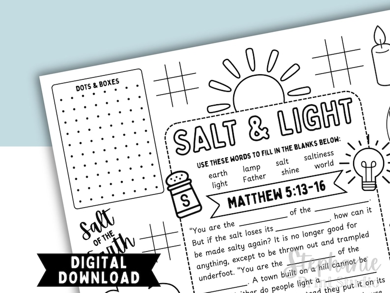 Salt & Light Coloring Activity Page Printable | Matthew 5:13-16 Bible ...