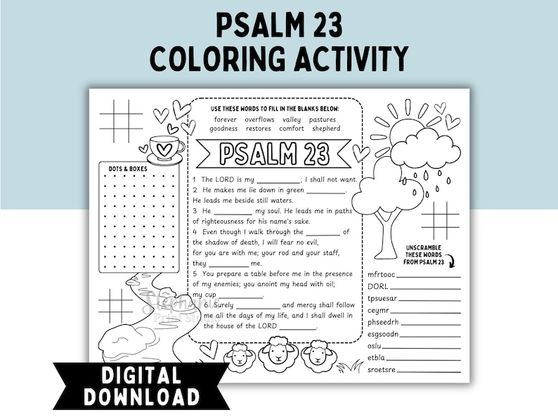 Psalm 23 Coloring Activity Page Printable | Bible Verse Placemat - Etsy