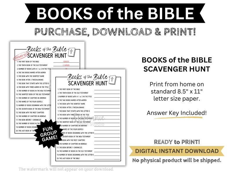 Books of the Bible Scavenger Hunt Printable | DIGITAL INSTANT DOWNLOAD ...