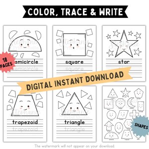 Shapes: Color, Trace & Write Printable 18 Pages | DIGITAL INSTANT ...