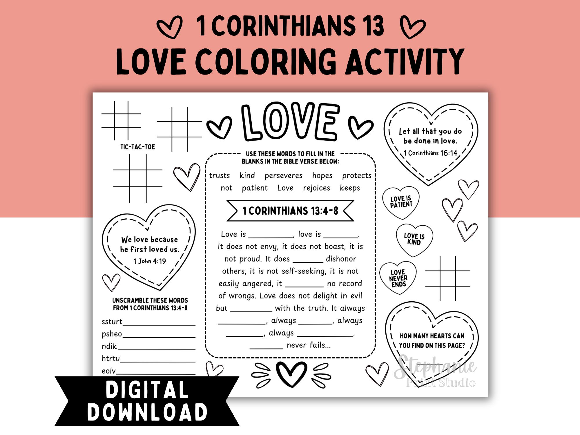 Love Coloring Activity Page Printable | 1 Corinthians 13:4-8 Bible ...