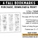 4 Fall Theme Coloring Bookmarks Printable | DIGITAL INSTANT DOWNLOAD ...