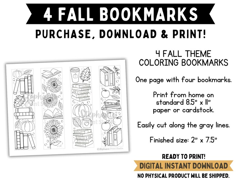 4 Fall Theme Coloring Bookmarks Printable | DIGITAL INSTANT DOWNLOAD ...