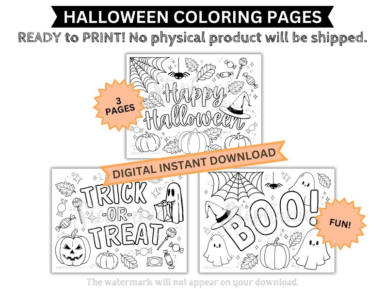 3 Halloween Theme Coloring Pages Printable | DIGITAL INSTANT DOWNLOAD ...
