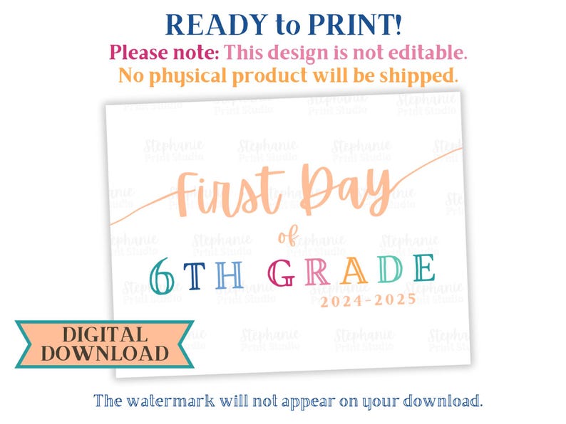 First Day of 6th Grade Printable Sign DIGITAL INSTANT DOWNLOAD, Sixth ...