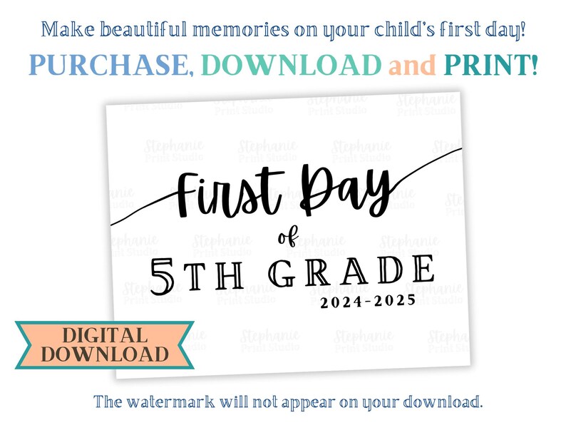 First Day of 5th Grade Printable Sign | DIGITAL INSTANT DOWNLOAD, Fifth ...