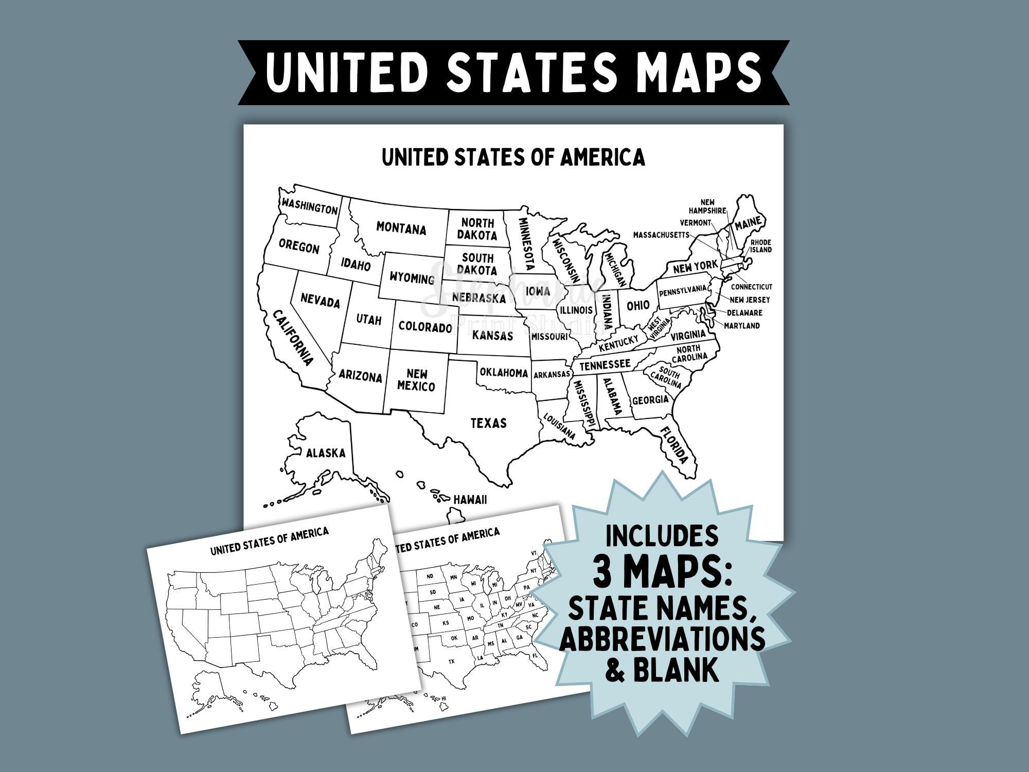 3 USA Maps Printable | State Names, Abbreviations, & Blank United ...