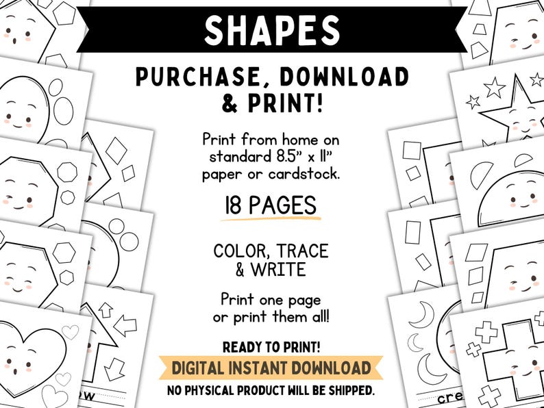 Shapes: Color, Trace & Write Printable 18 Pages DIGITAL INSTANT ...
