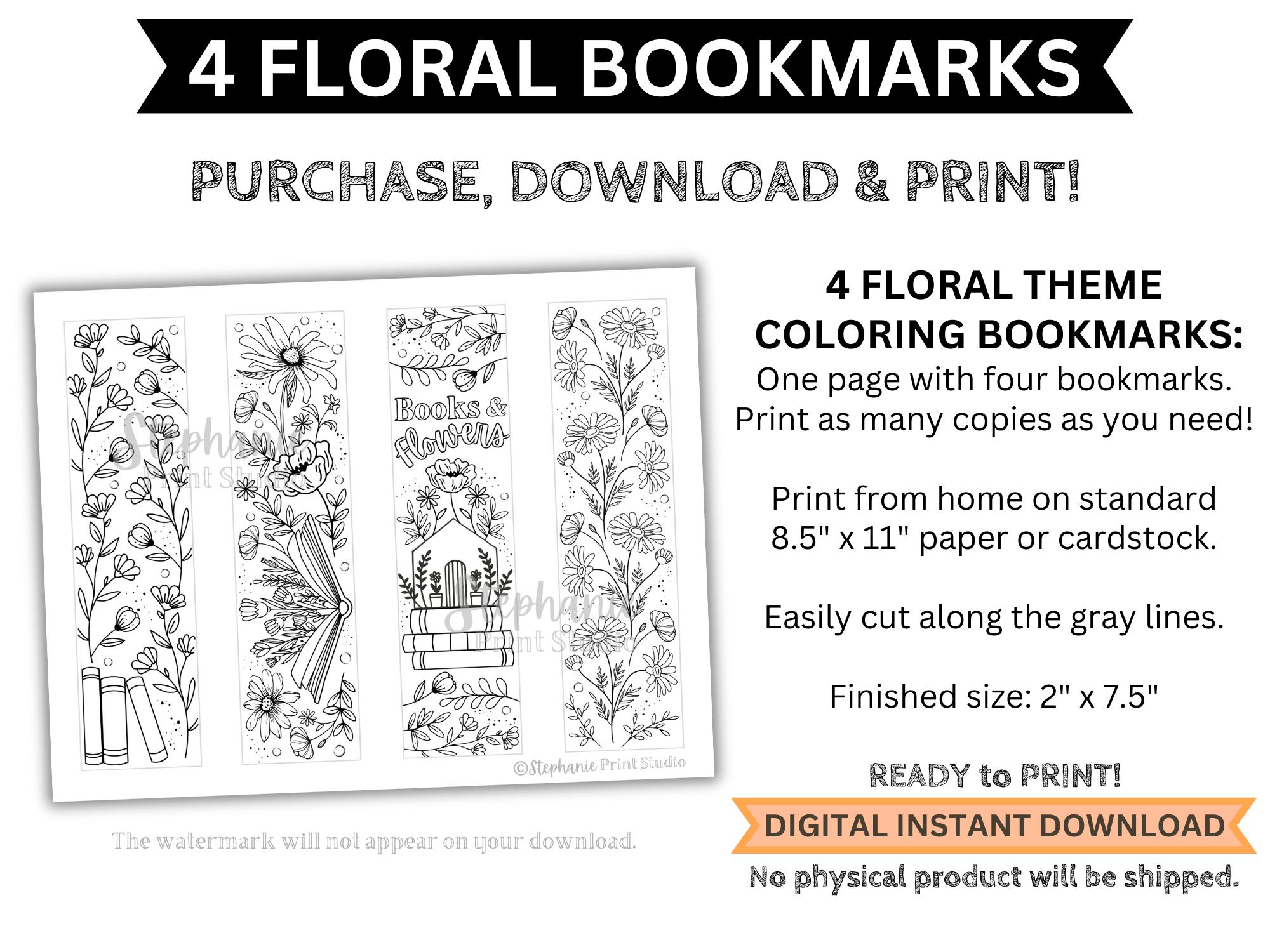 4 Floral Theme Coloring Bookmarks Printable | DIGITAL INSTANT DOWNLOAD ...