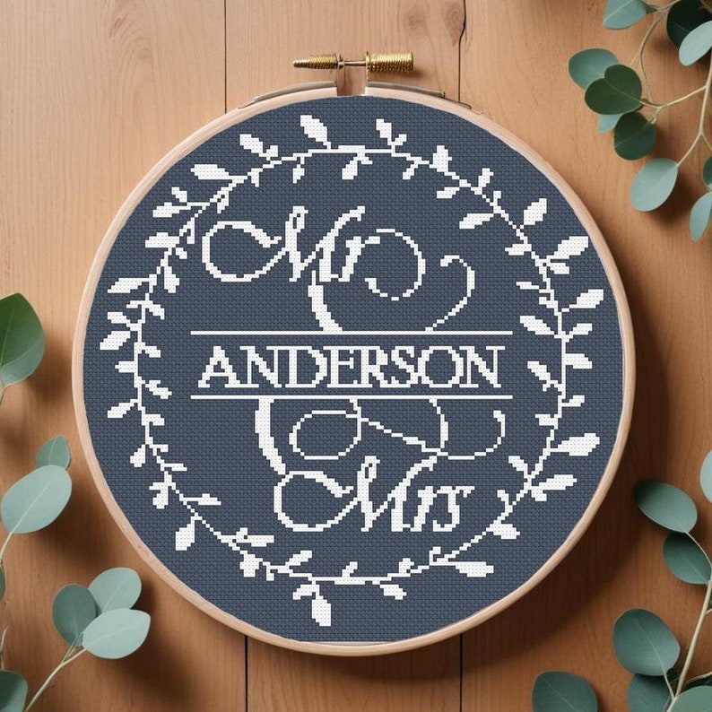 Custom Mr & Mrs Cross Stitch Pattern With Monogram Leaves Wreath ...