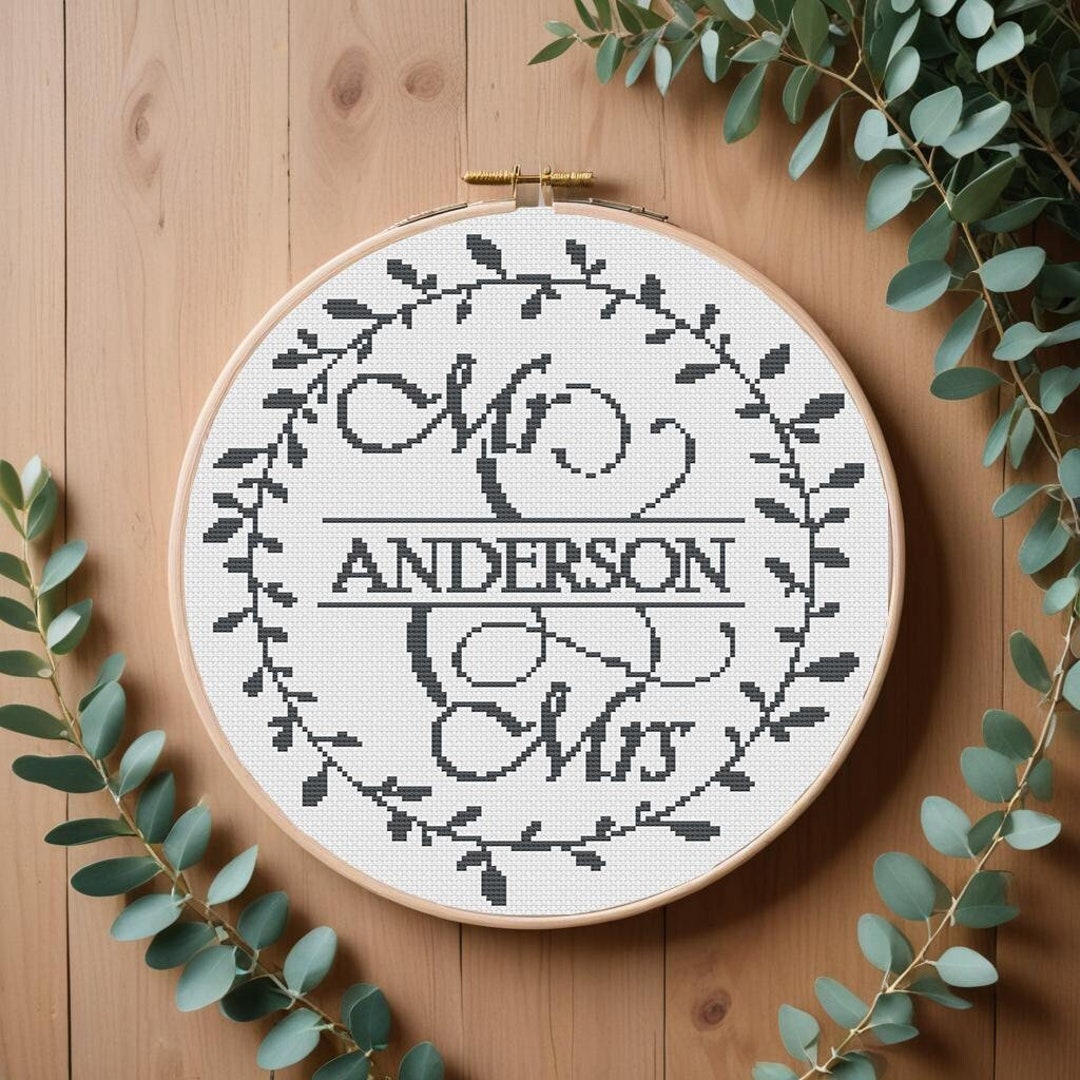Personalized Mr & Mrs Monogram Leaves Wreath Cross Stitch Pattern PDF ...