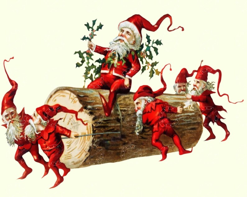 Vintage Santa and Elves Yule Log Clipart: Antique Christmas Art ...