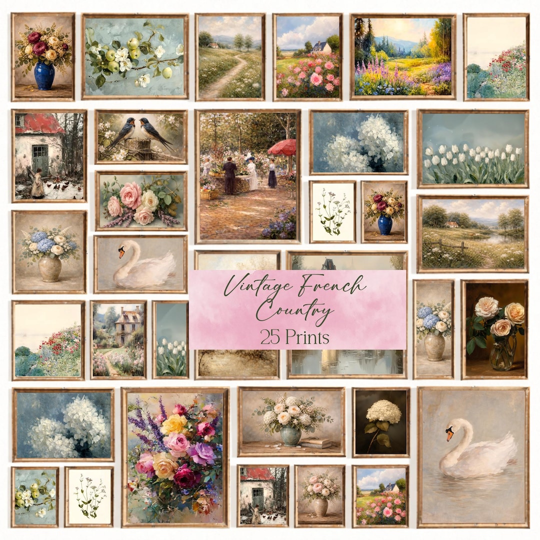 Vintage French Country Prints Set, Cottagecore Floral Wall Art Bundle ...