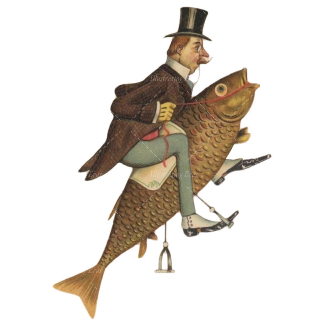 Victorian-style Whimsical Fish Rider Illustration | Quirky Antique ...