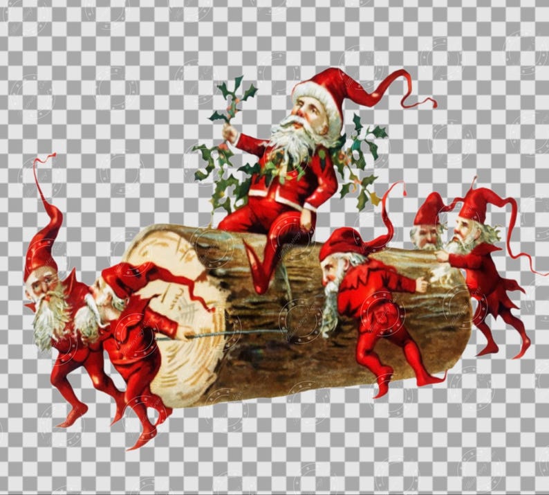 Vintage Santa and Elves Yule Log Clipart: Antique Christmas Art ...