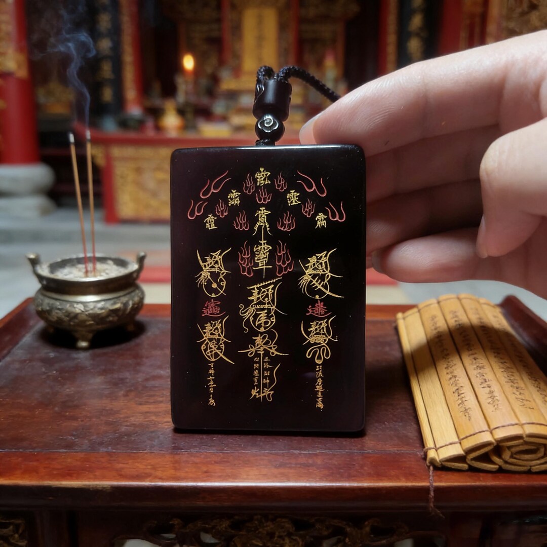 Obsidian Taoist Talisman Pendant | 6×4×1cm | Thunder Fire Protection ...
