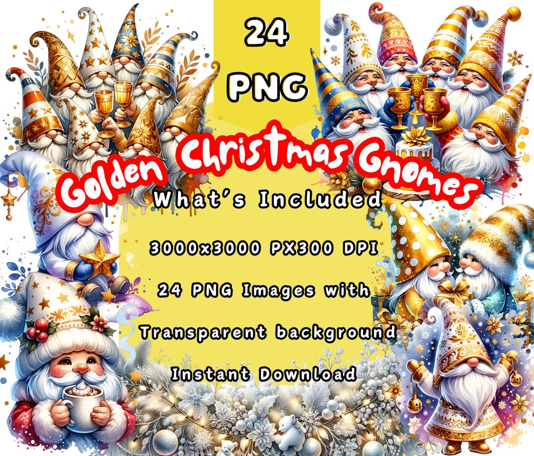 Golden Christmas Gnome Clipart Bundle 24 PNG Images Watercolor ...