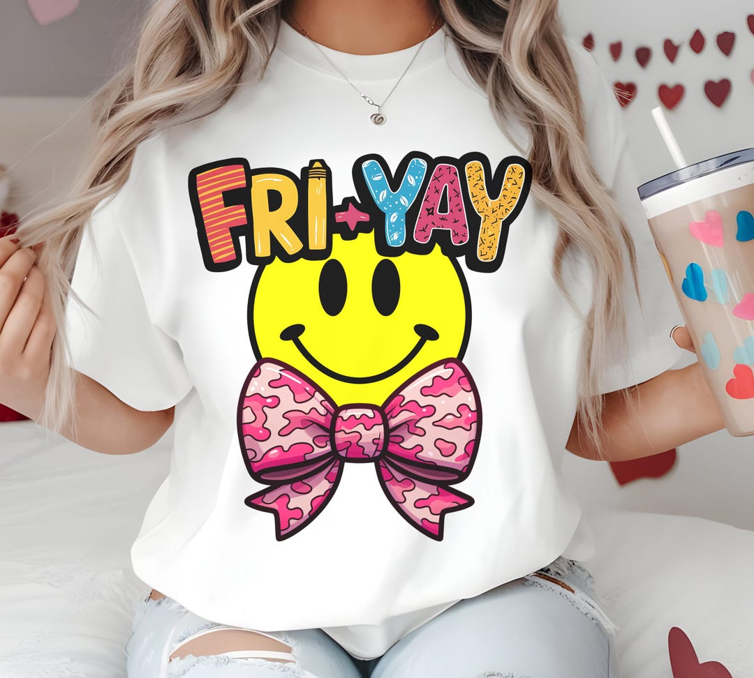 Happy Friyay PNG Cute Smile Emoji With Pink Bow Retro Checkered Friday ...