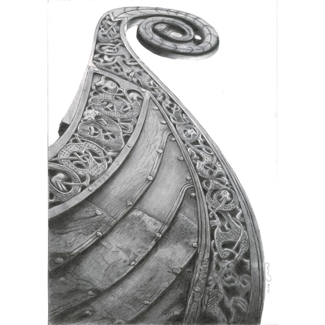 Viking Oseberg Ship Graphite Drawing - Etsy