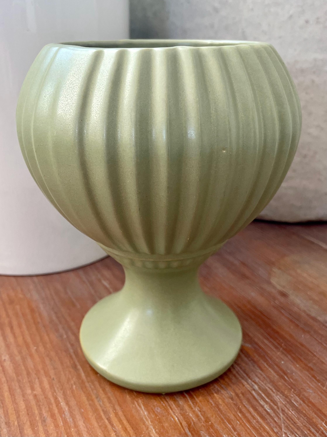 Vintage Mccoy Pottery Floraline Green Ribbed Goblet Pedestal Vase #407 ...