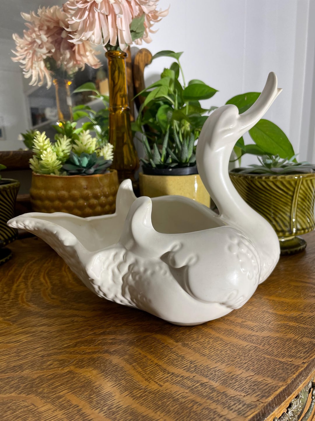 Vintage Hull Pottery Decorative Swan Duck Planter White Ivory Marked ...