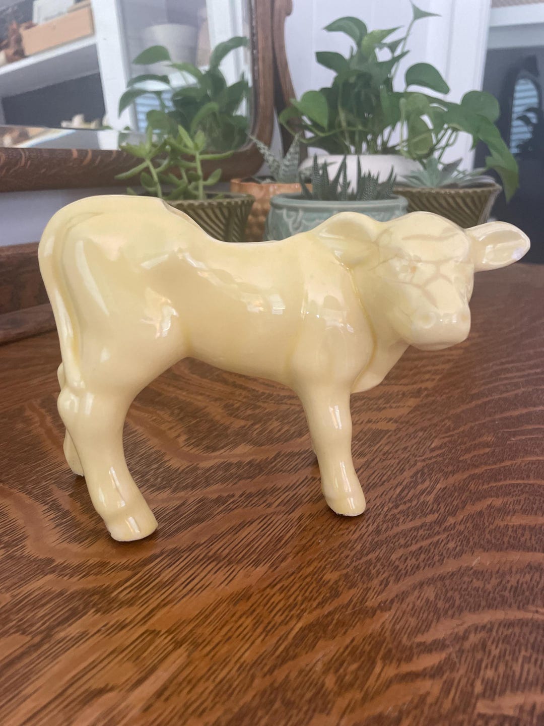 Vintage Pottery Dairy Cow Calf Planter Glazed Ceramic Yellow Unmarked ...