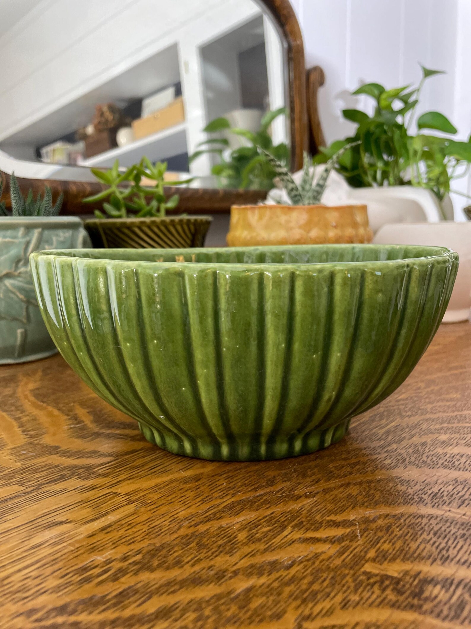 Vintage Haeger Pottery Ribbed Green Oval Planter No 4020 Usa Marked Etsy