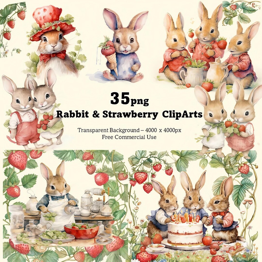 35 Cute Rabbit and Strawberry Clipart - Transparent Rabbit Animal PNG ...