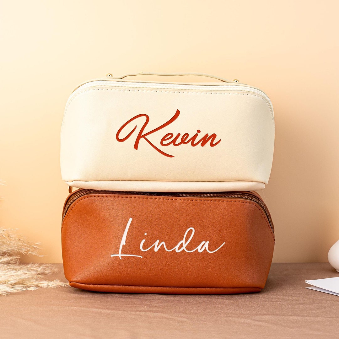 Personalized Leather Makeup Bag With Name, Large Capacity Cosmetic Bag ...