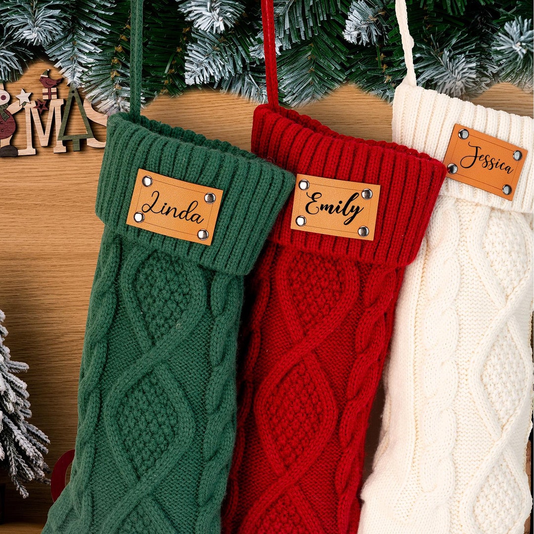 Personalized Family Stockings With Name Tags, Leather Patch Christmas ...