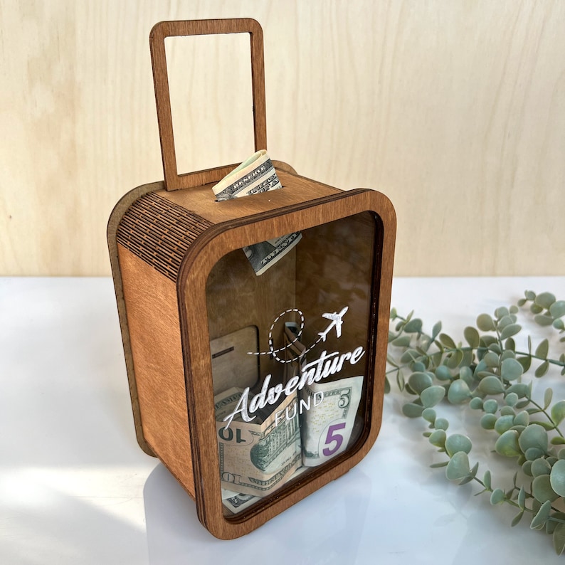 Personalized Adventure Fund Wooden Piggy Bank , Travel Savings Box ...