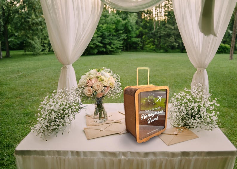 Personalized Wood Acrylic Honeymoon Fund Box Suitcase Style Wedding ...