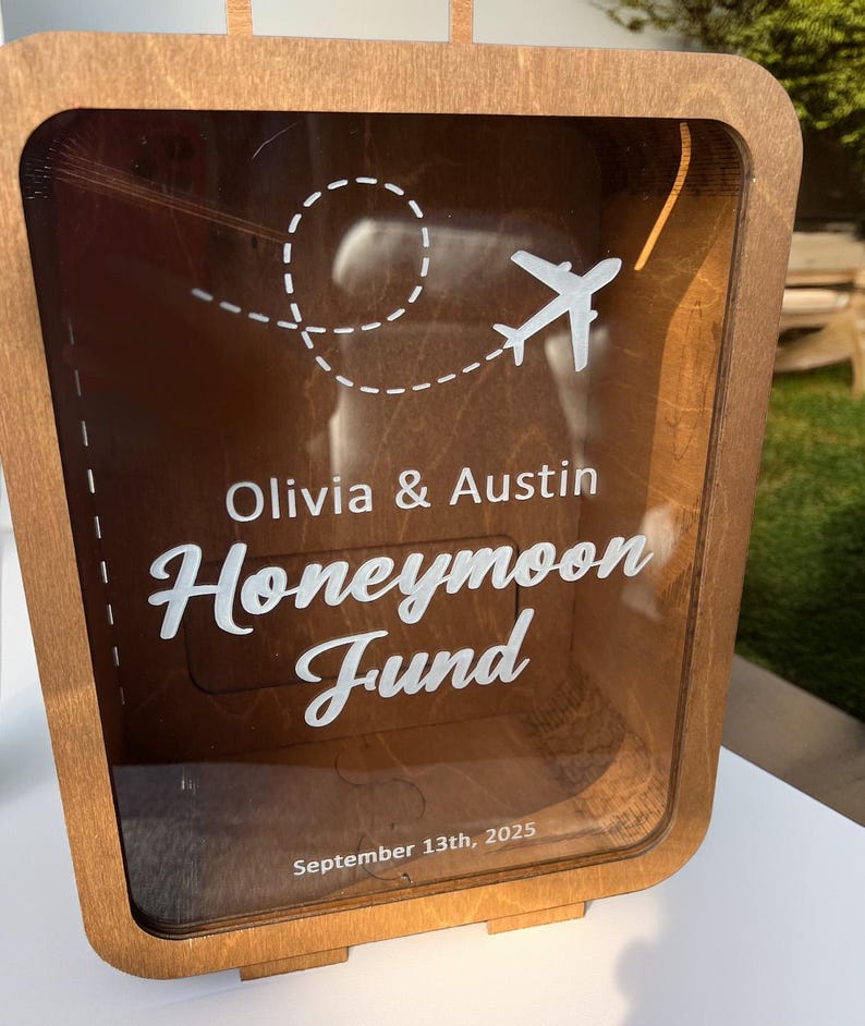 Personalized Wood Acrylic Honeymoon Fund Box Suitcase Style Wedding ...