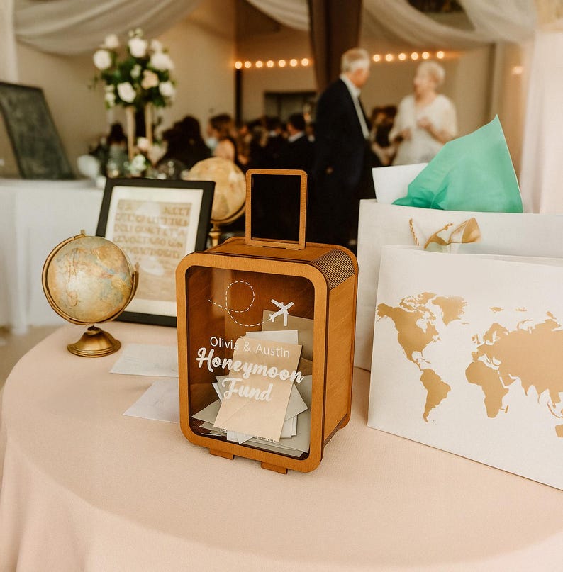 Personalized Wood Acrylic Honeymoon Fund Box Suitcase Style Wedding ...