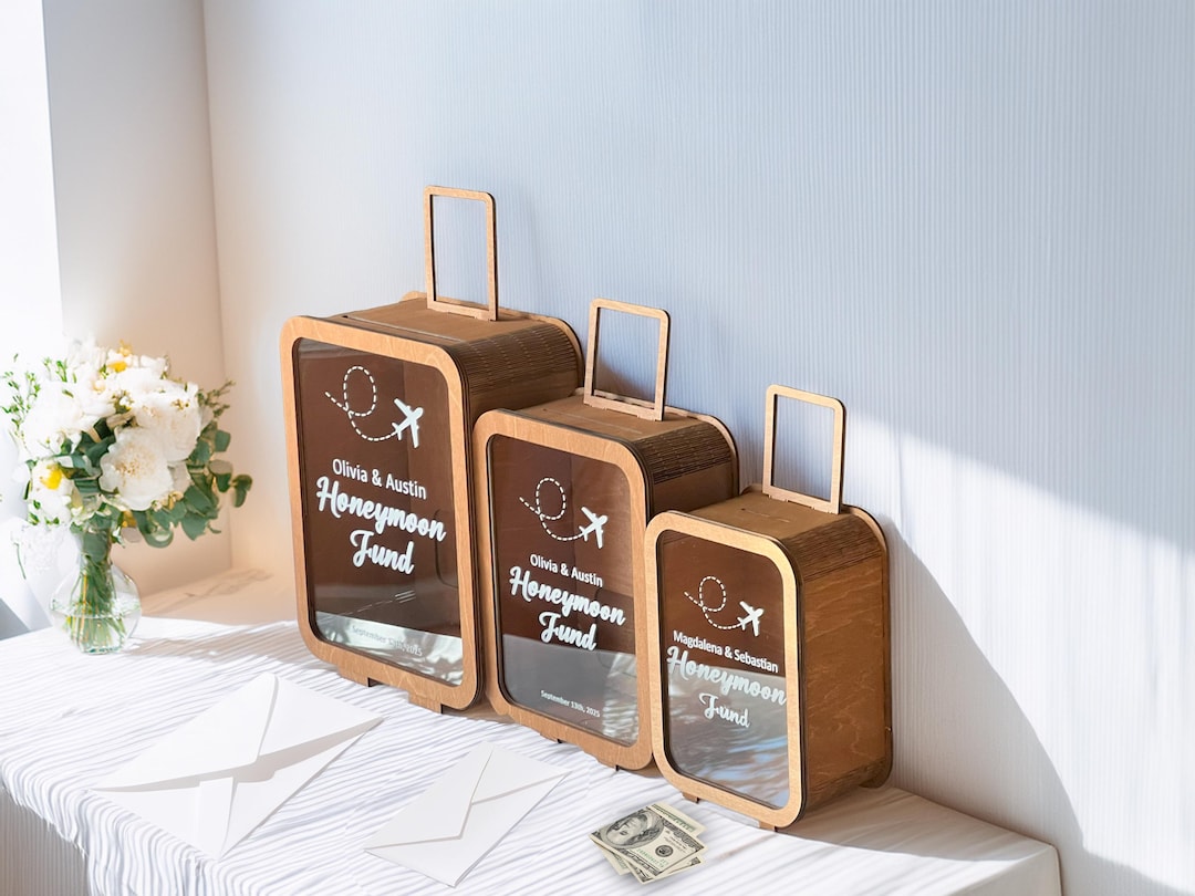 Personalized Wood Acrylic Honeymoon Fund Box Suitcase Style Wedding ...