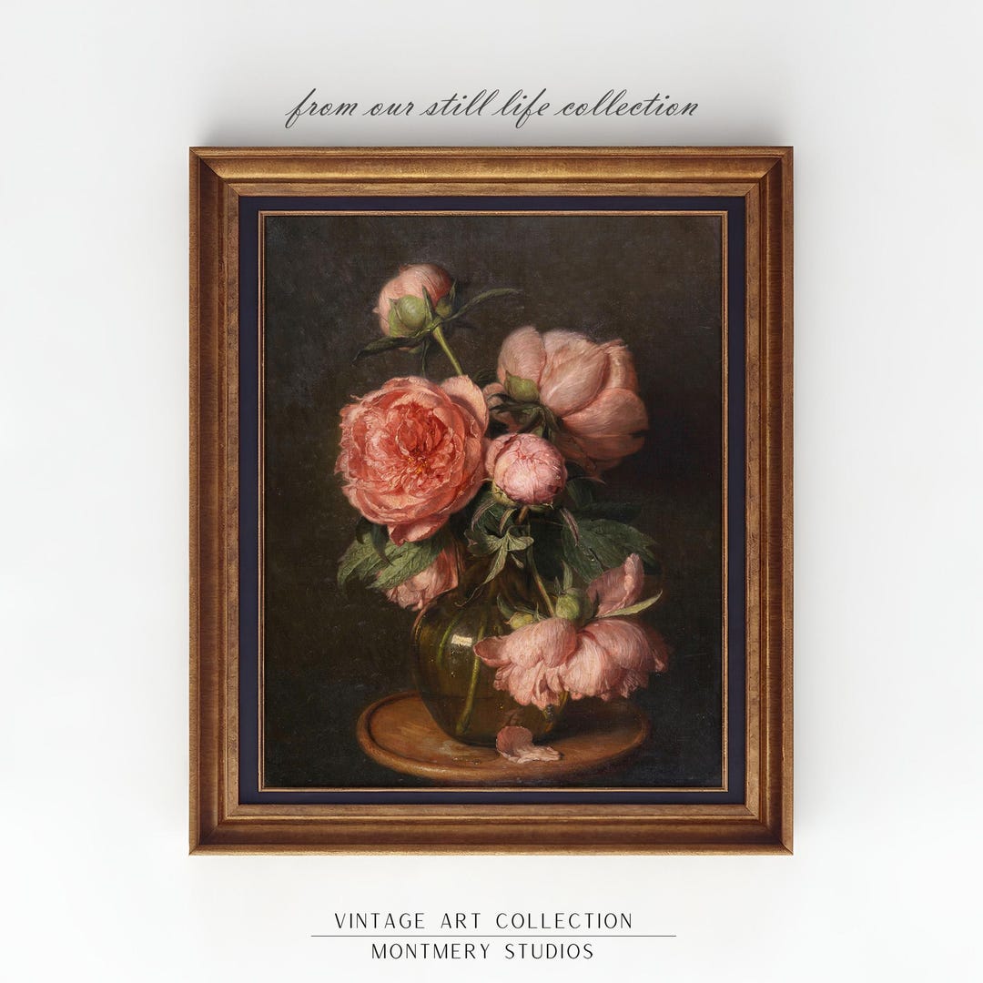 Moody Pink Peonies Print, Vintage Floral Painting, Dark Floral Art ...