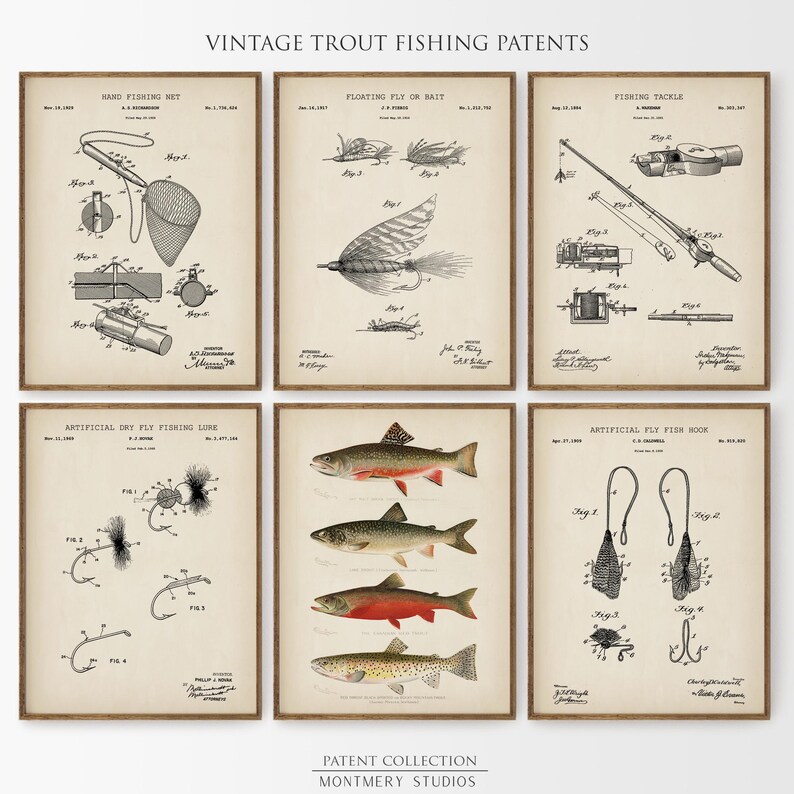 Vintage Fishing Patent Prints Set of 12, Trout, Bass Fishing Art ...