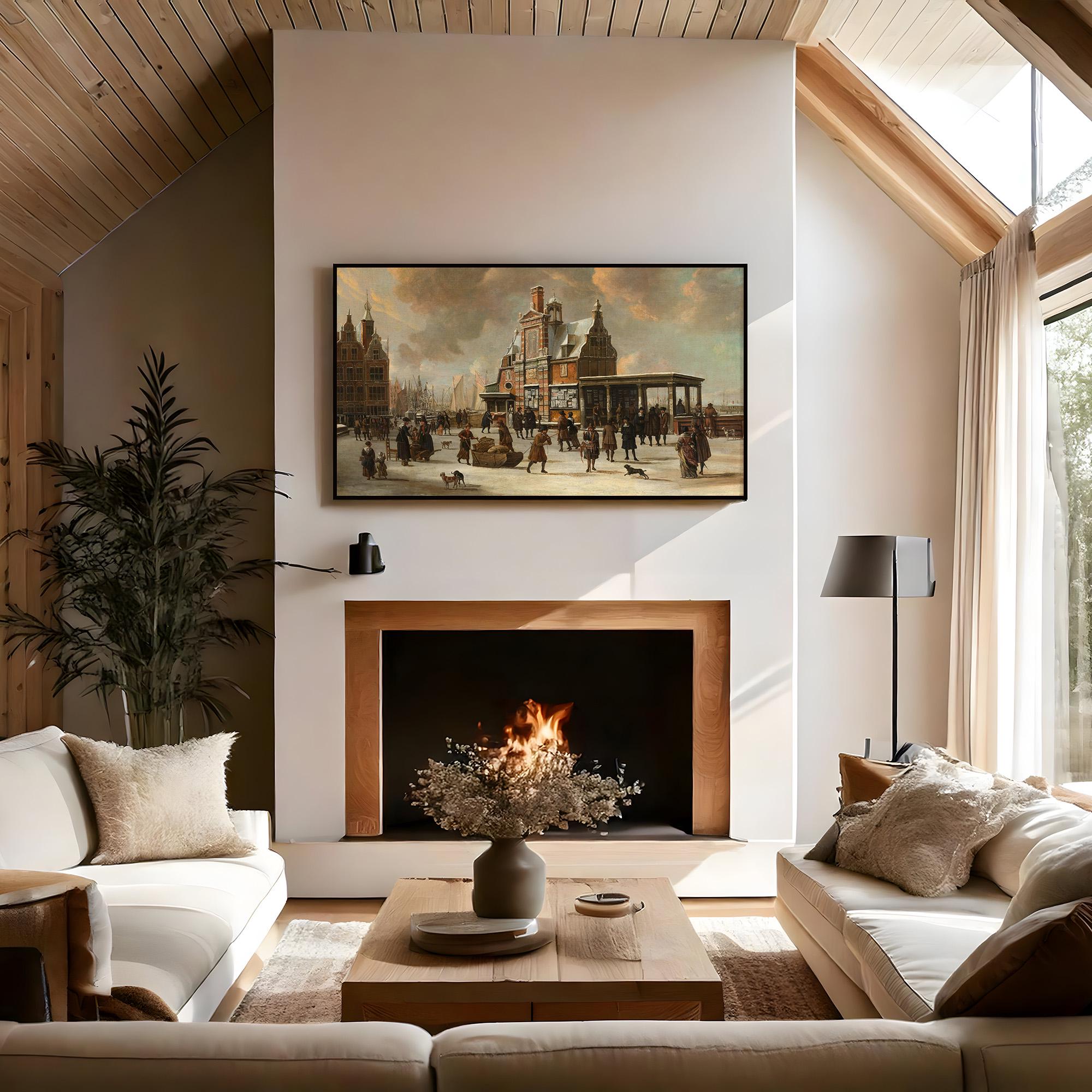Moody Winter Scene TV Art, Vintage Village Art, Small Town in Snowy ...