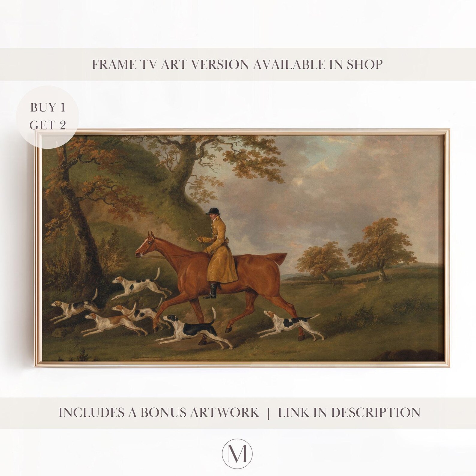 Vintage Hunting Scene Wall Art, Hunter With Hunting Dogs and Horse ...