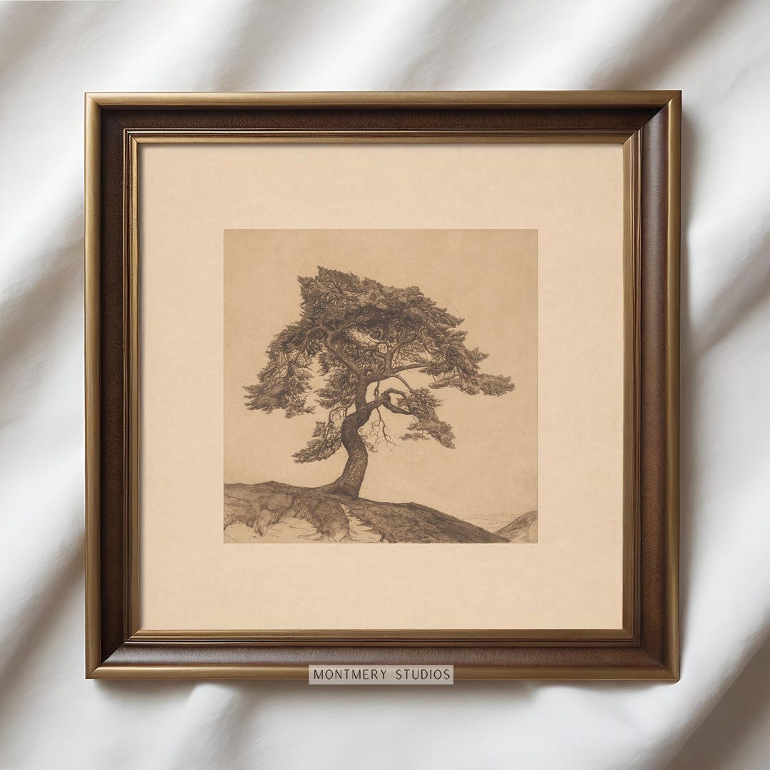 Vintage Tree Etching, Tree in a Landscape Print, Square Printable ...
