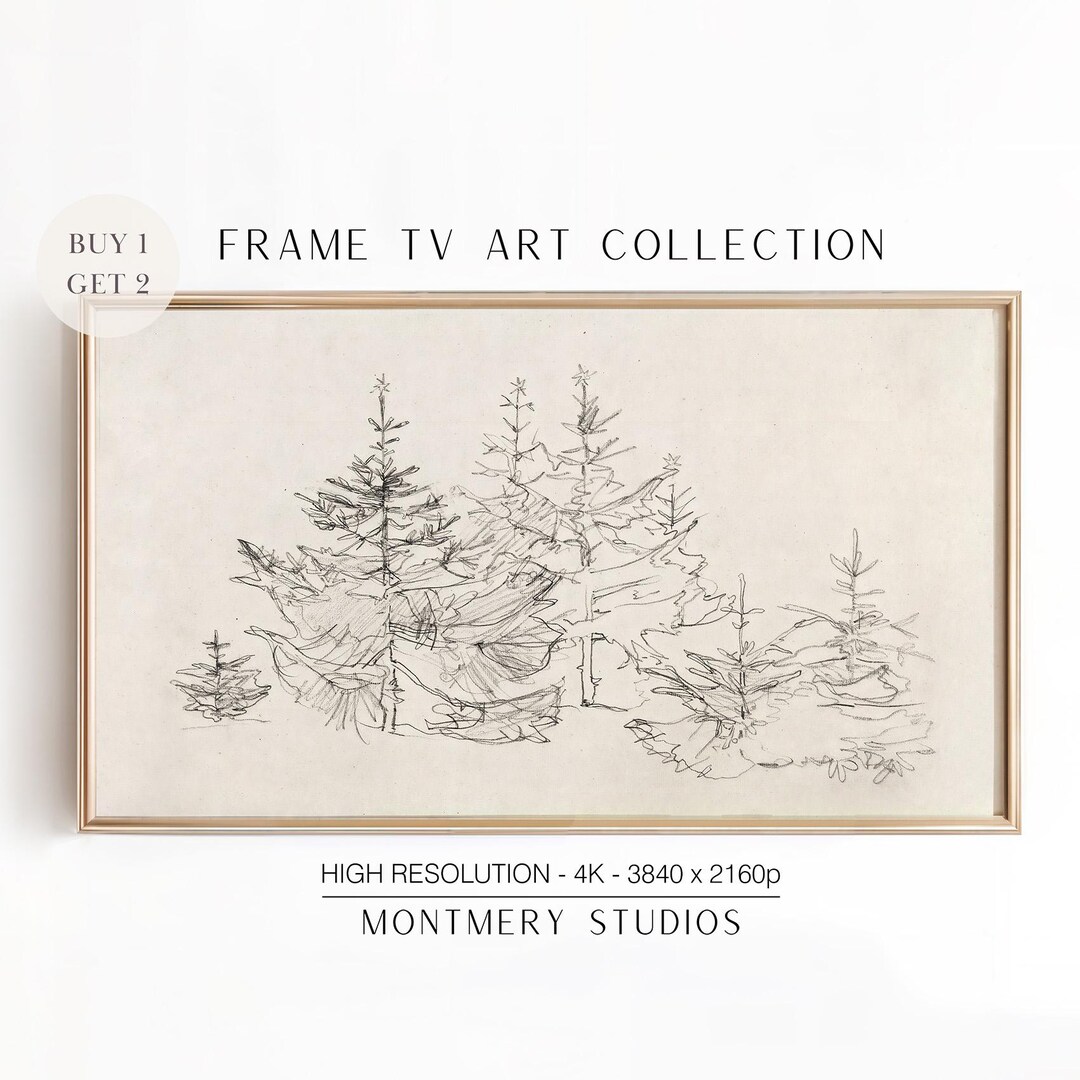 Vintage Christmas Tree Art, Pencil Sketch TV Art, Winter Frame TV Art ...