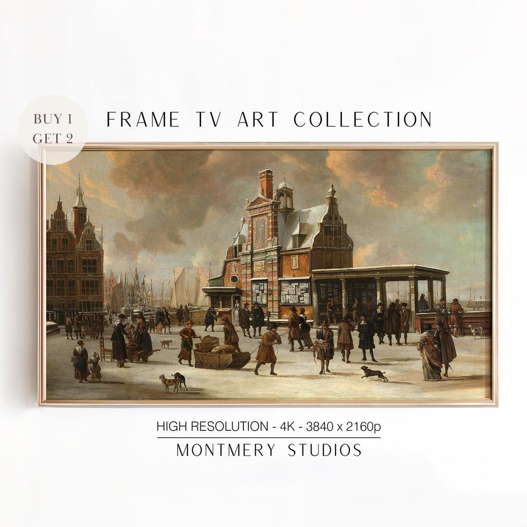 Moody Winter Scene TV Art, Vintage Village Art, Small Town in Snowy ...
