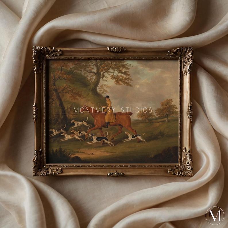 Vintage Hunting Scene Wall Art, Hunter With Hunting Dogs and Horse ...