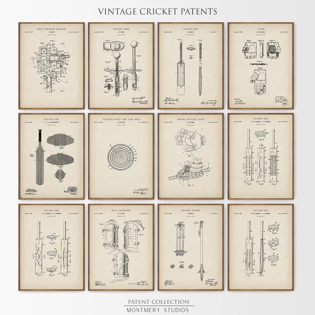 Vintage Cricket Patent Prints Set of 12, Cricket Posters, Cricket Gift ...