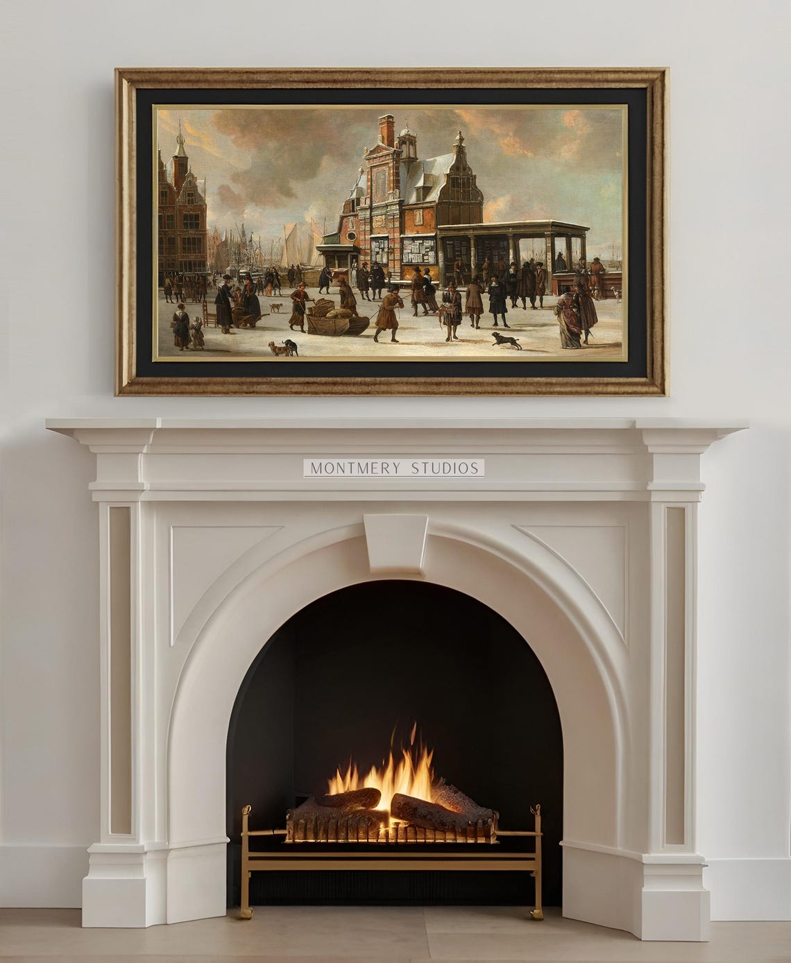 Moody Winter Scene TV Art, Vintage Village Art, Small Town in Snowy ...