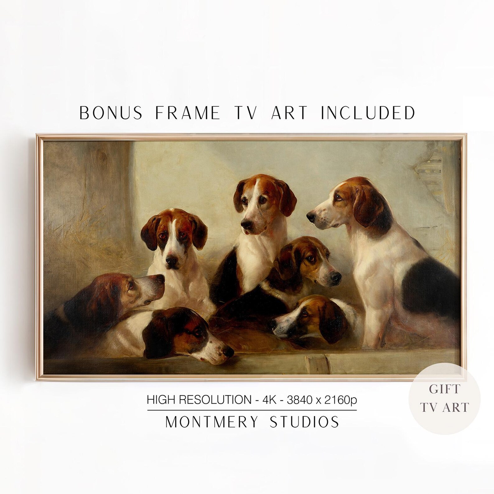 Hounds Frame TV Art, Portrait of Three Hounds, Hunting Dogs Art, Rustic ...